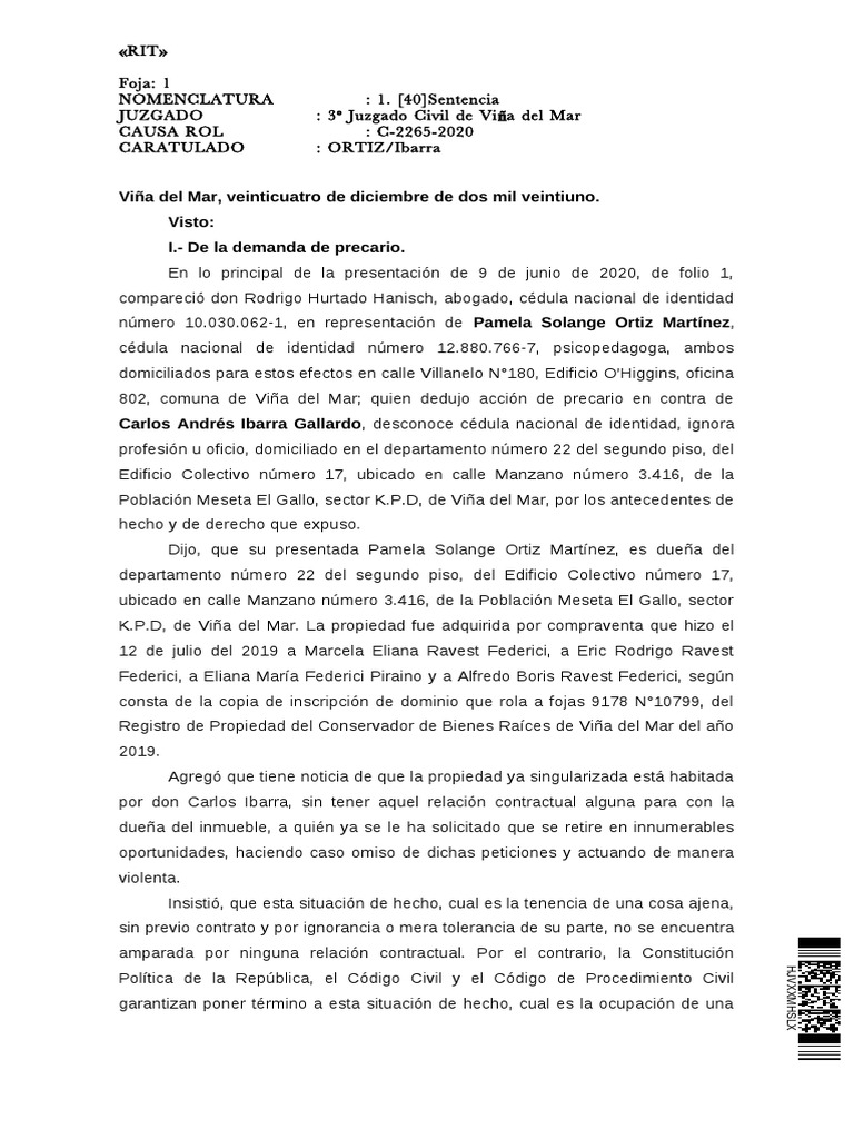 RIT C 2265 2020 3° J.L. Vina Del Mar Precario | PDF | Propiedad | Ley común