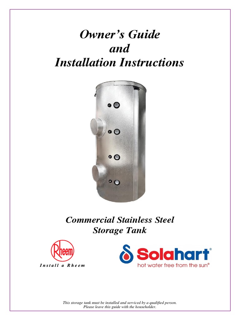 Install Instruct Rheem Solahart Stainless Steel Storage Tank Commercial ...