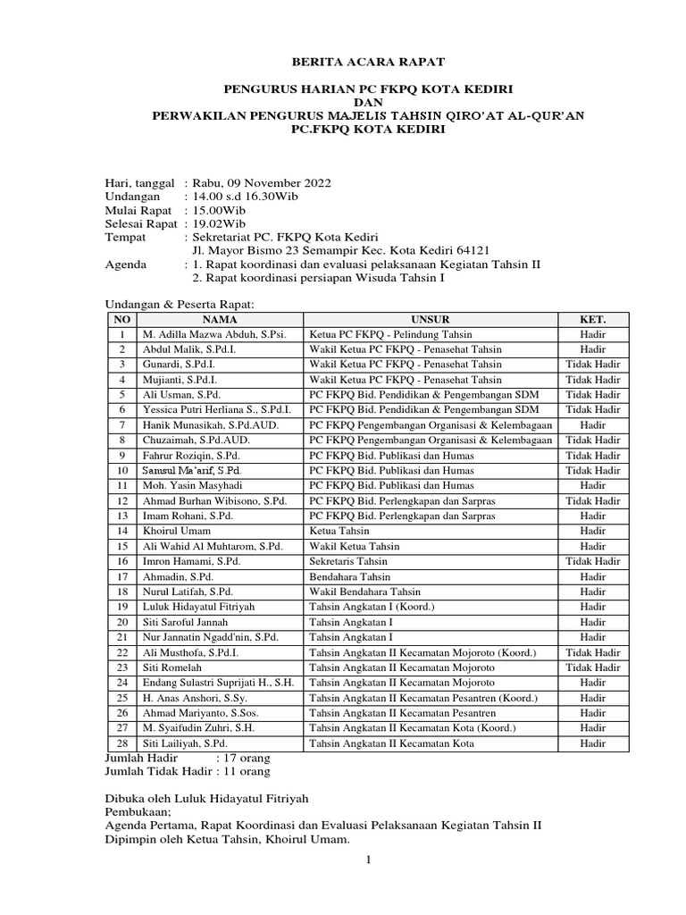 Berita Acara Rapat & Notulensi Rapat Koordinasi Dan Evaluasi ...