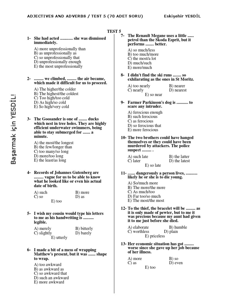 Adjectives and Adverbs Test 5 | PDF