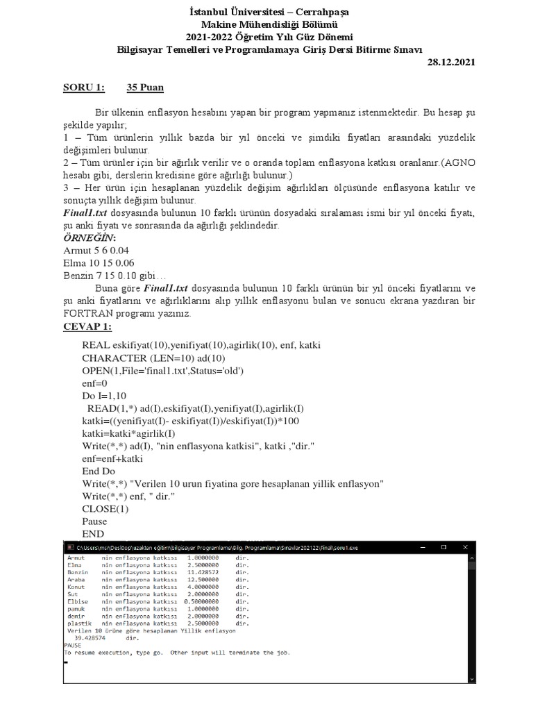 Bilgprogfinal 202122 Cevapanahtari | PDF