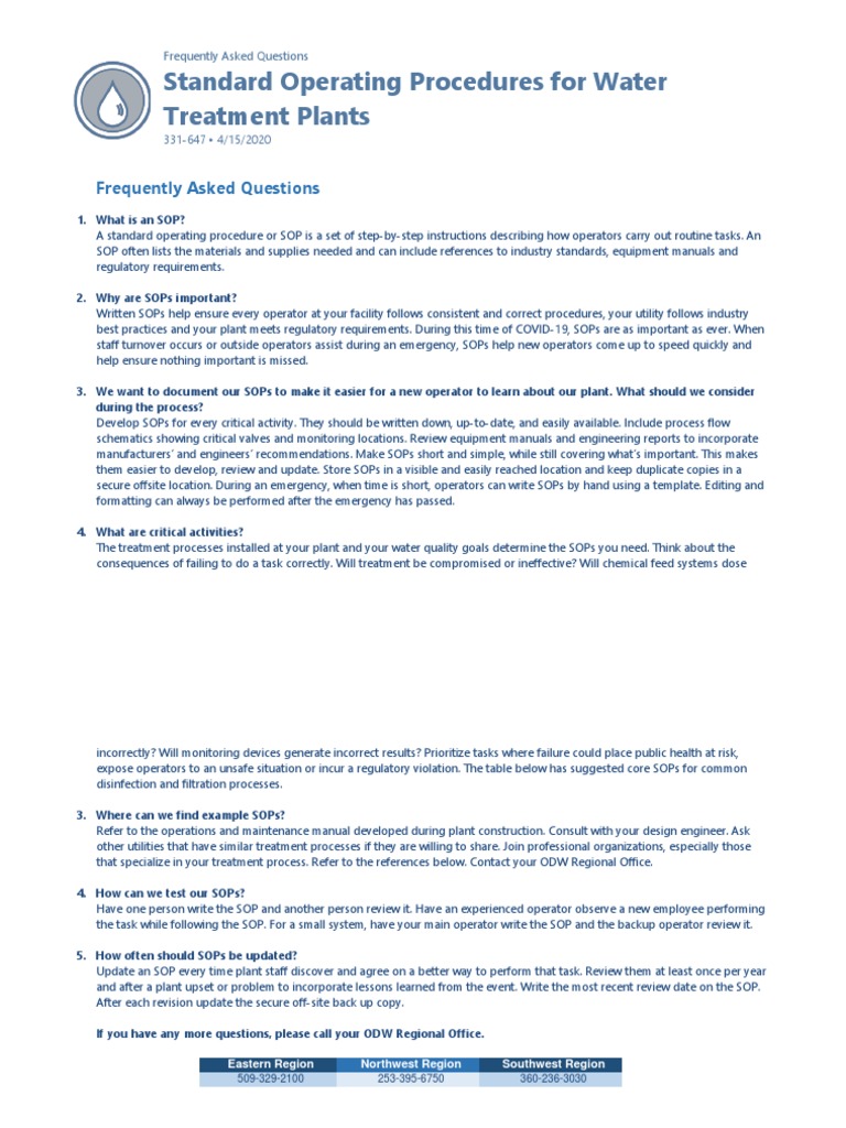 Standard Operating Procedures For Water Treatment Plants: Frequently ...