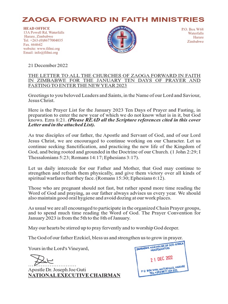 Zaoga Forward in Faith Ministries: Letter and in The Attached List ...