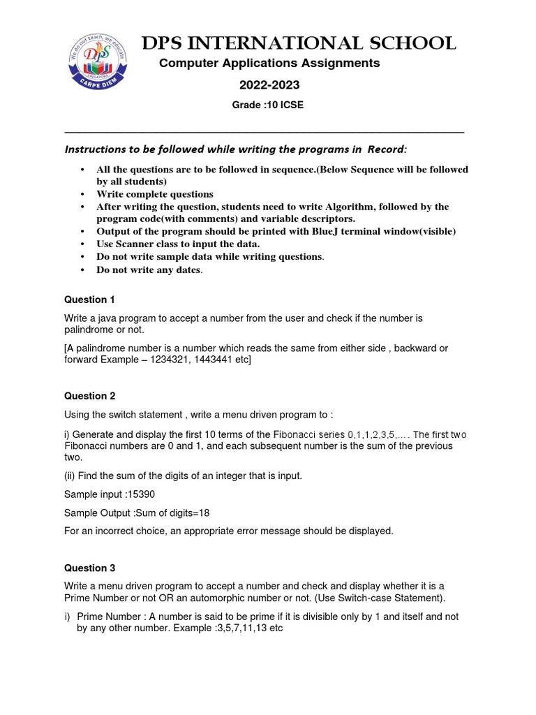 Grade 10 ICSE Assignments - Internal Assessment | PDF | Computer Program | Programming