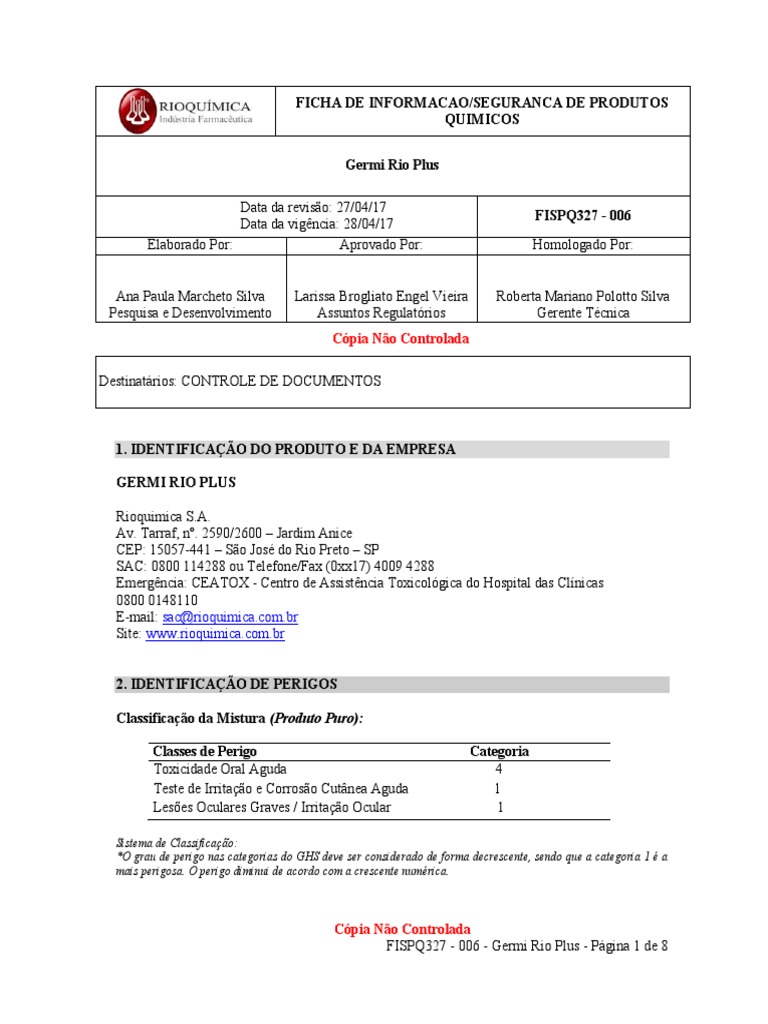 FISPQ327 - 006 Germi Rio Plus | PDF | Embalagem e rotulagem | Vapor