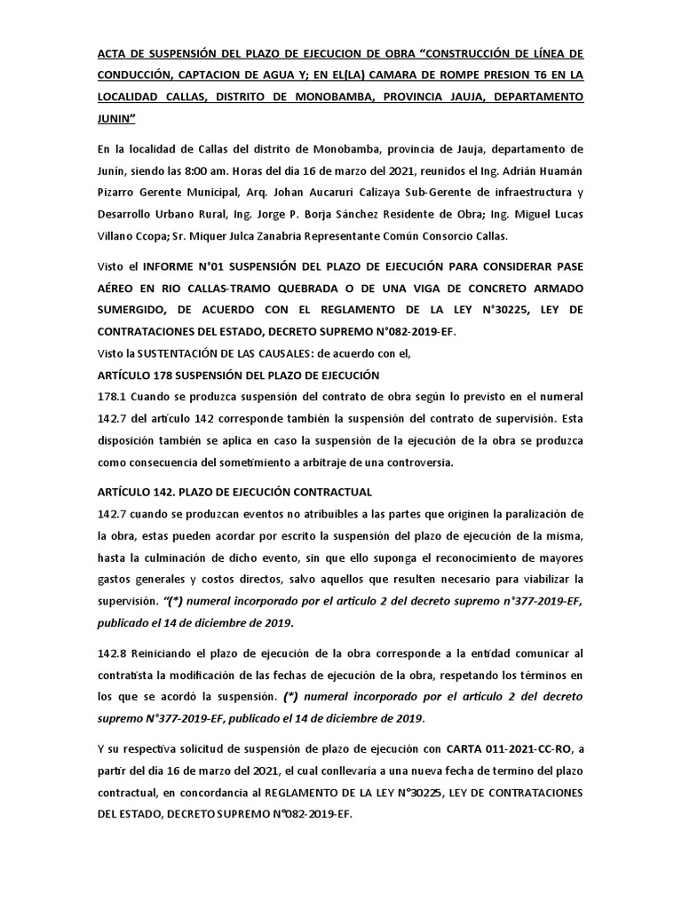 Acta de Suspensión Del Plazo de Ejecucion de Obra | PDF
