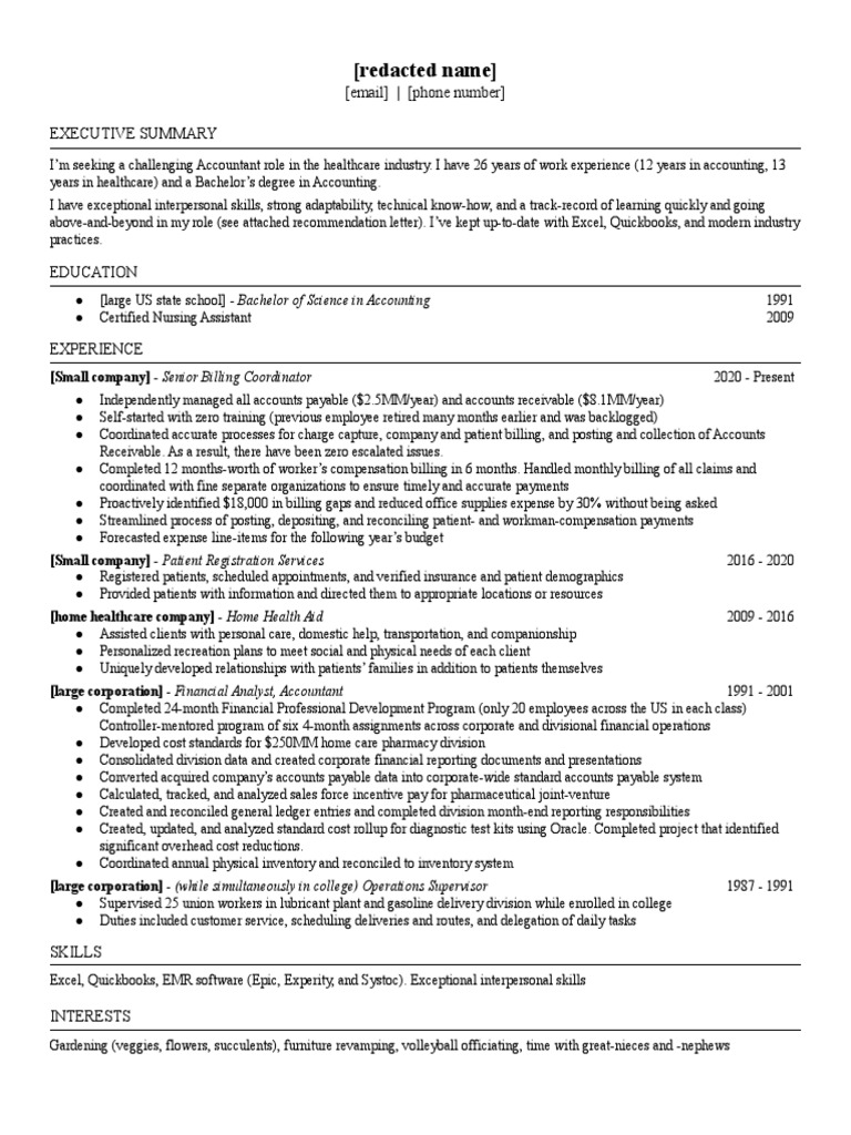 Accounting Resume Redacted | Download Free PDF | Health Sciences ...