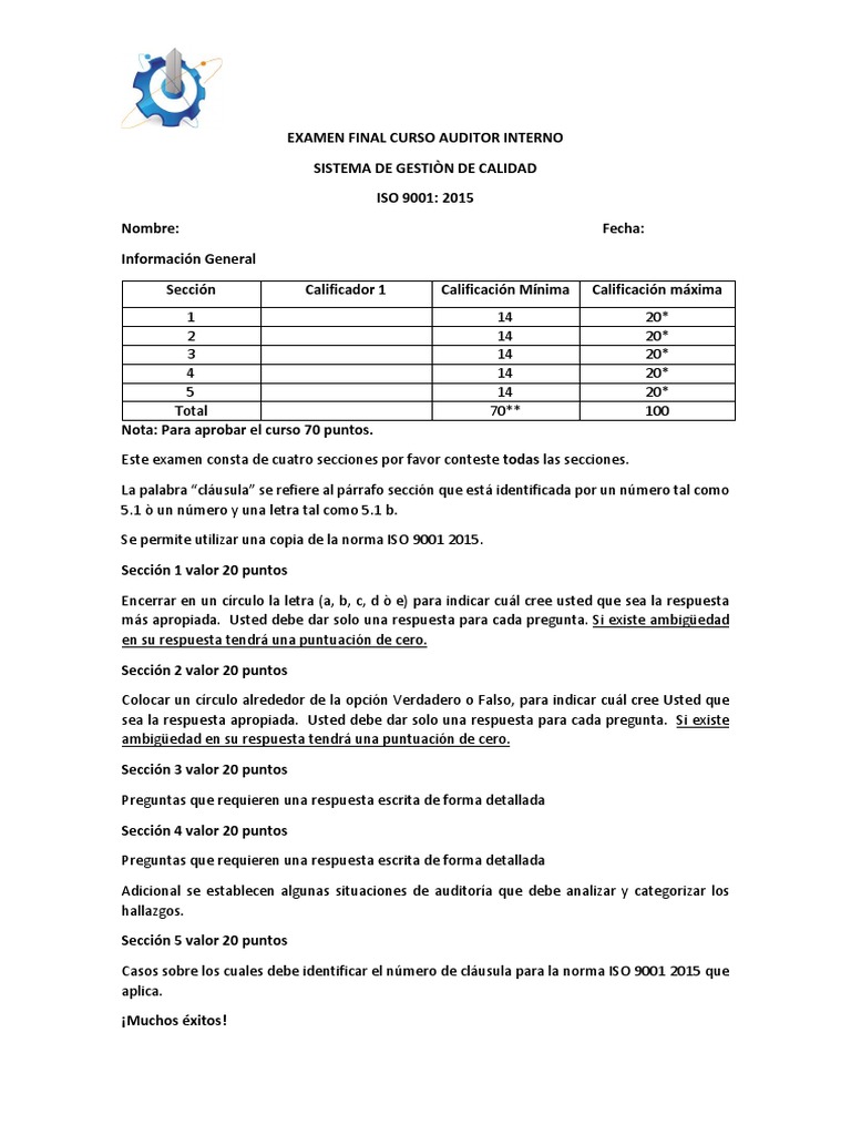 Examen Final Curso de Auditor Interno - ICC | PDF | Calidad (comercial) | Iso 9000