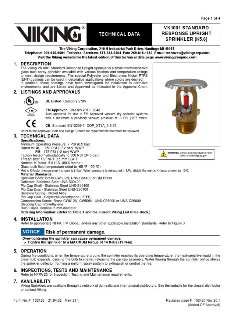 vk100 Uprigth Sprinkler K 5.6 | PDF | Fire Sprinkler System | Building ...