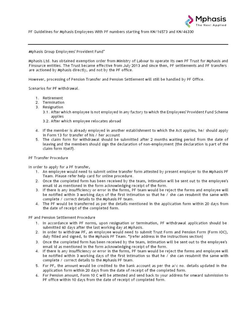 Mphasis PF Guidelines for Employees With PF Numbers Starting KN/16573 ...