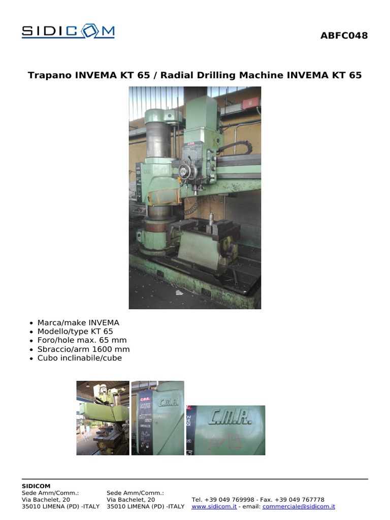 INVEMA KT 65 Radial Drilling Machine: Technical Specifications and Contact Information for ...