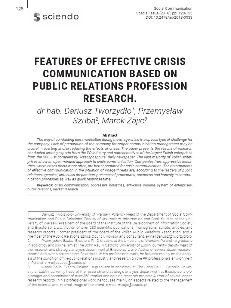 Features of Effective Crisis Communication Based On Public Relations Profession Research ...