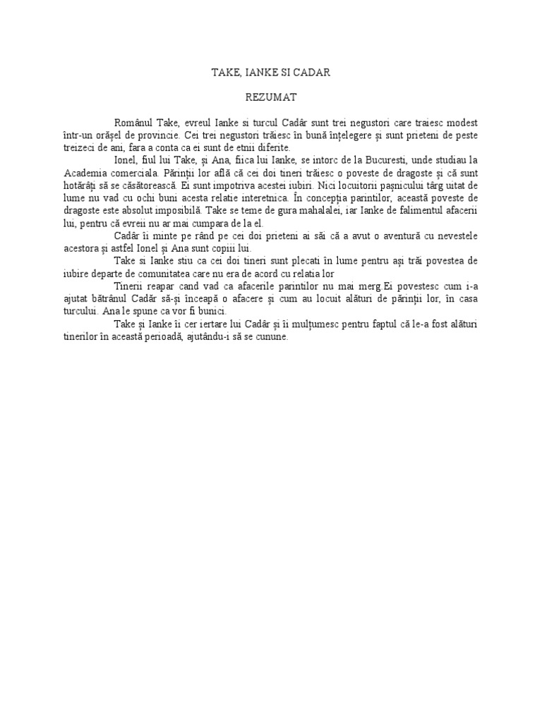 TAKE, Ianke Si Cadar Rezumat | PDF