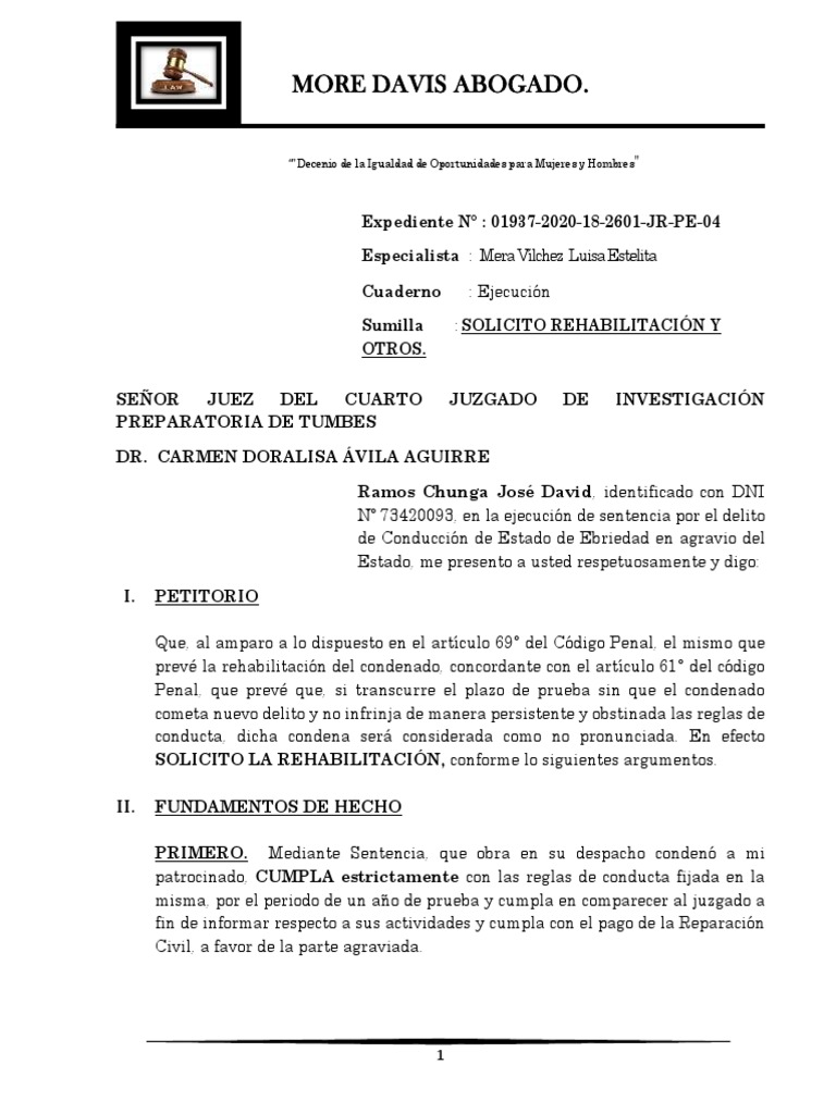 Escrito de Rehabilitación. Ramos Chunga José David | PDF | Castigos | Derecho penal