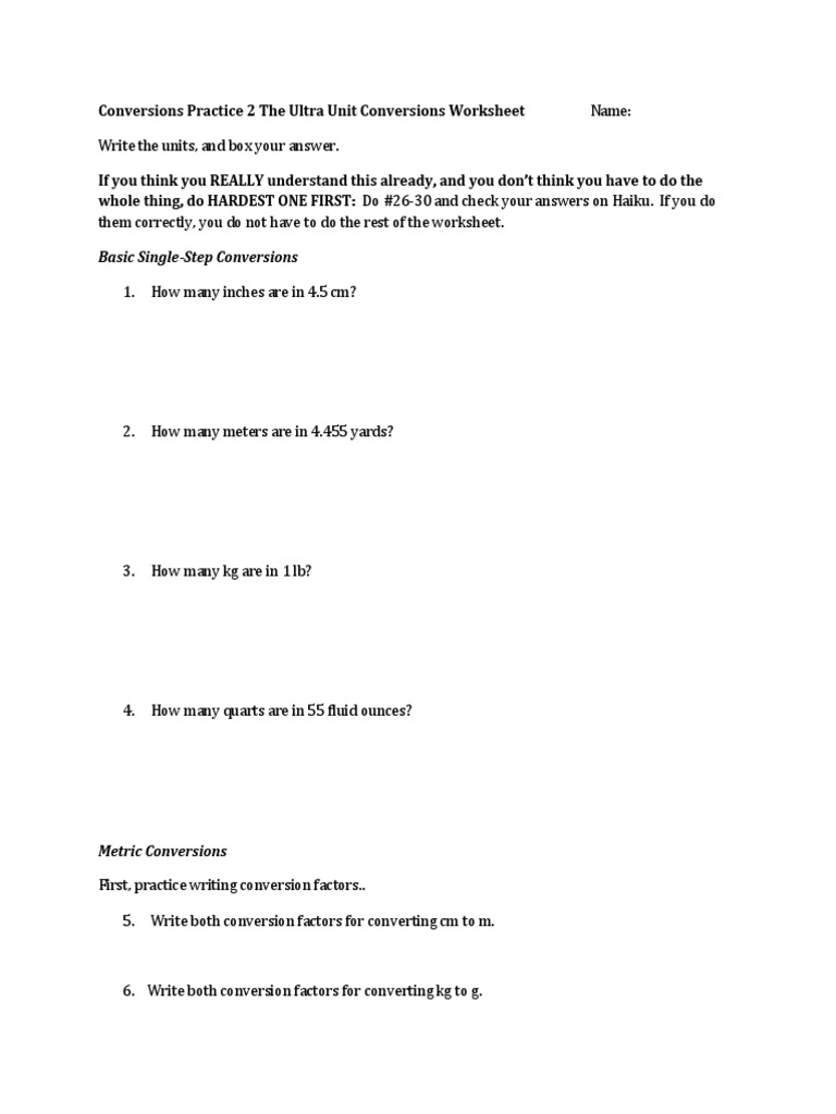 Unit 1 Conversion Practice 2 The Ultra Unit Conversions Worksheet | PDF