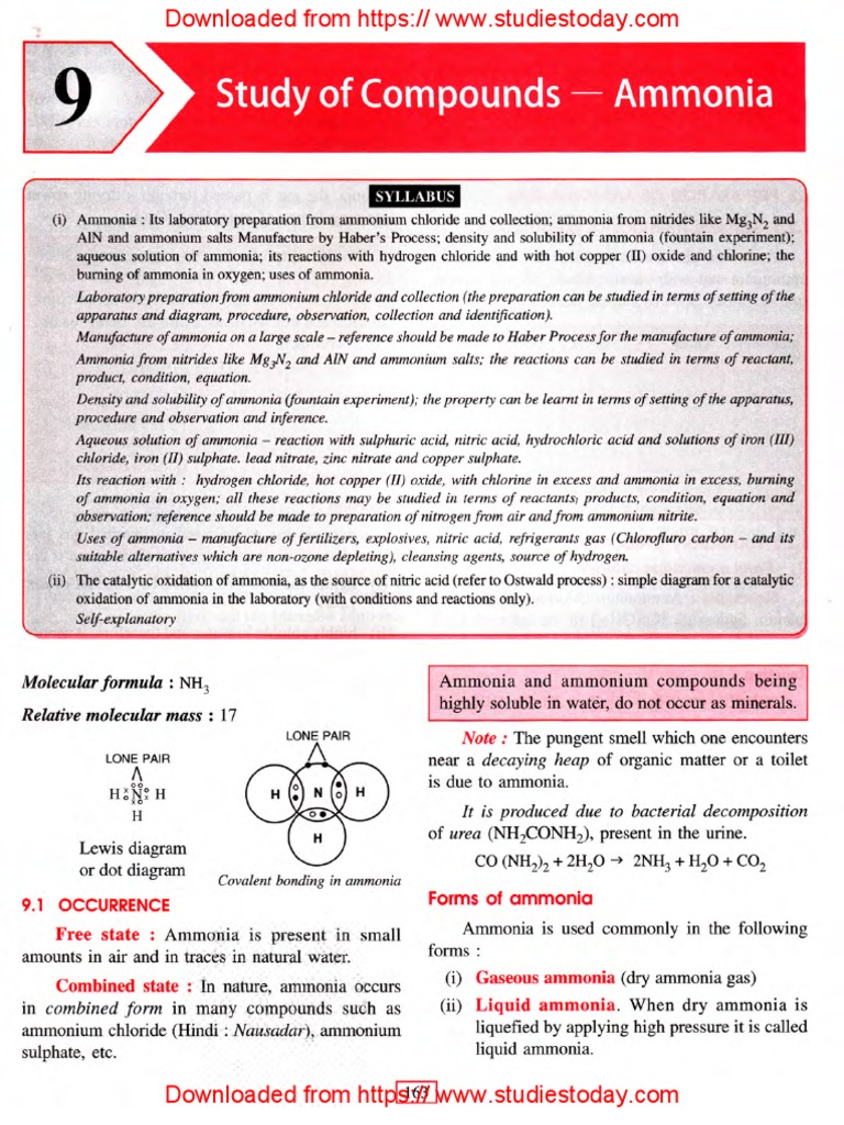 ICSE Class 10 Chemistry Chapter 09 Study of Compounds Ammonia | PDF