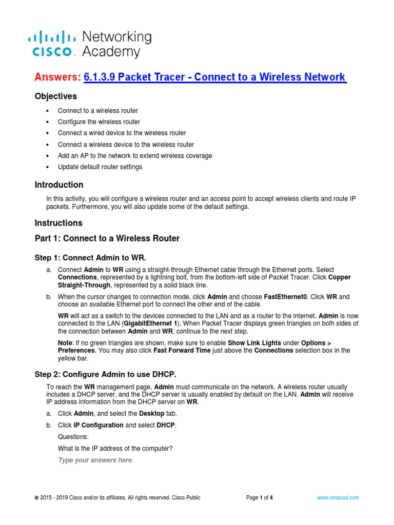 6.1.3.9 Packet Tracer - Connect To A Wireless Network | Download Free PDF | Ip Address ...