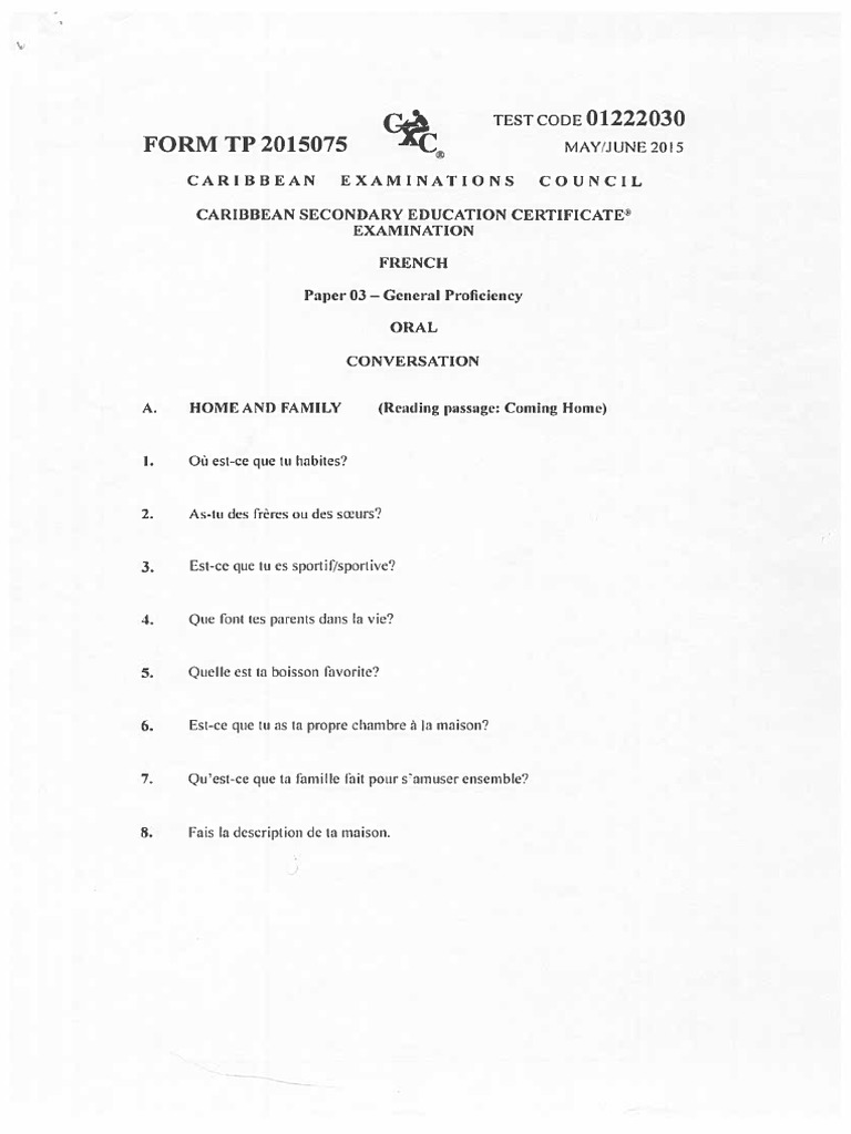 CSEC French June 2015 P3 | PDF