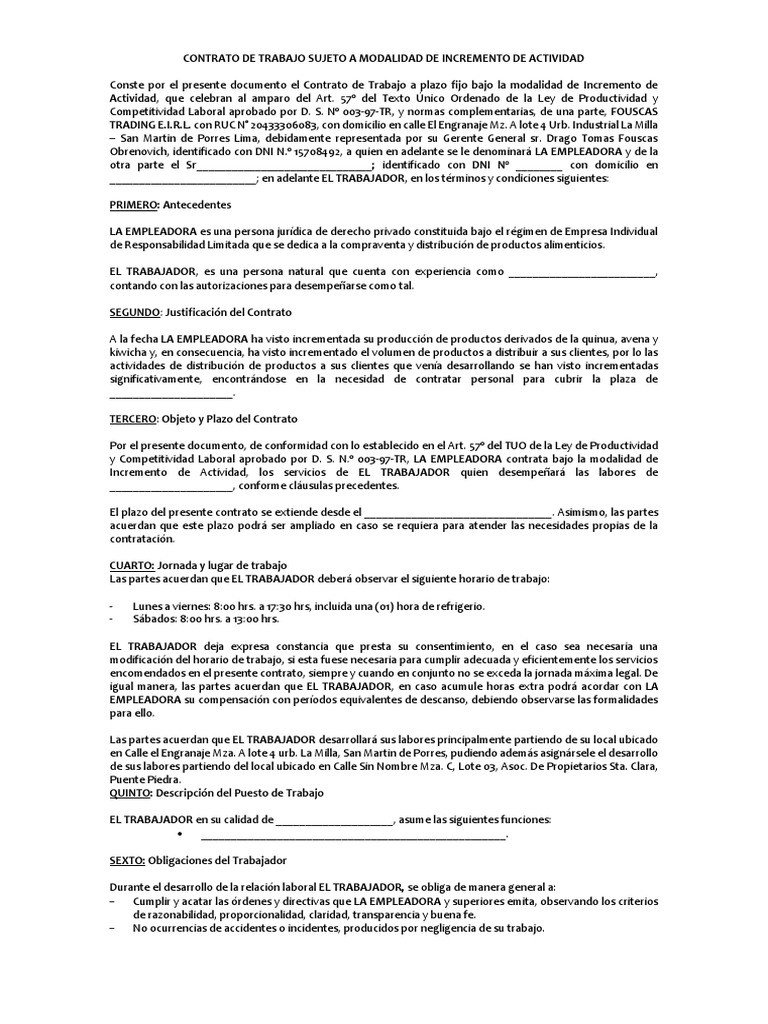 Contrato Modalidad Incremento de Actividades | PDF | Derecho laboral | Salario