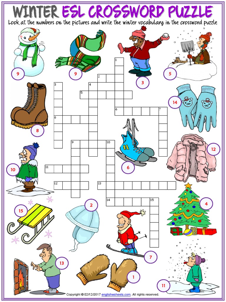 Winter Vocabulary Esl Crossword Puzzle Worksheet For Kids | PDF