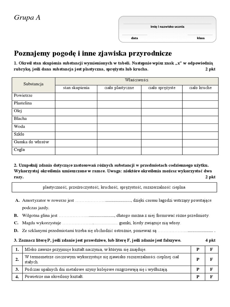 Sprawdzian Po Dziale 2 Grupa A | PDF