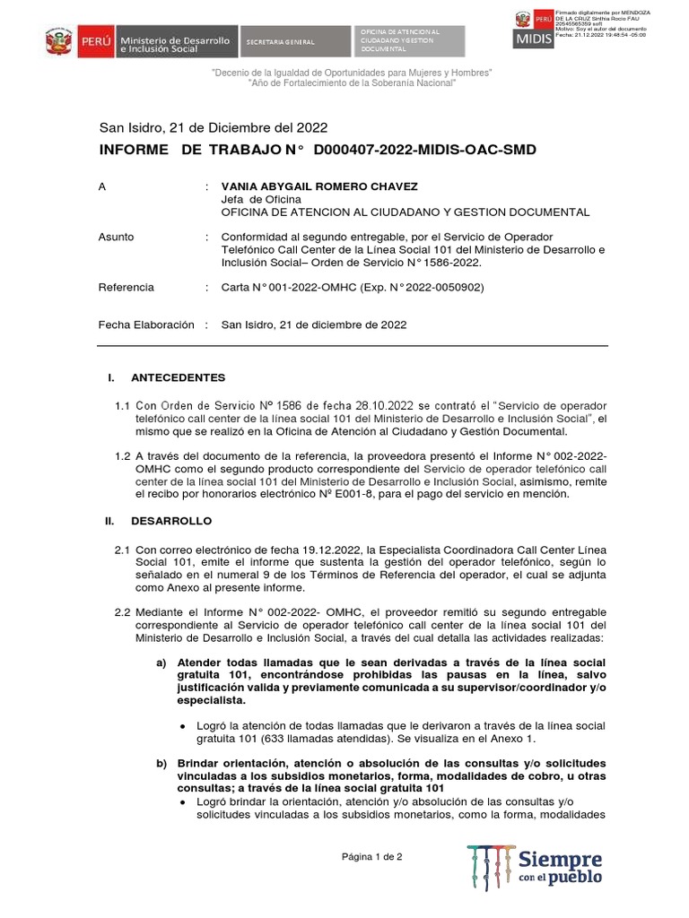 Informe de Trabajo #D000407-2022-Midis-Oac-Smd: San Isidro, 21 de Diciembre Del 2022 | PDF ...