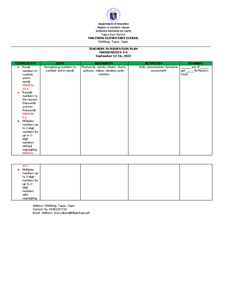 Template For Beginning Reading and Numeracy Intervention | PDF ...