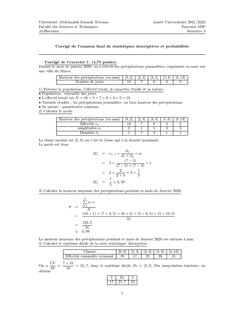 Corrige Examen Stat Proba 21-22-1 | PDF | Probabilité | Espérance ...