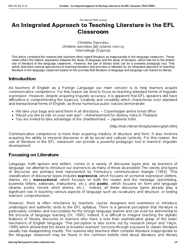 Savvidou - An Integrated Approach To Te... Ature in The EFL Classroom ...