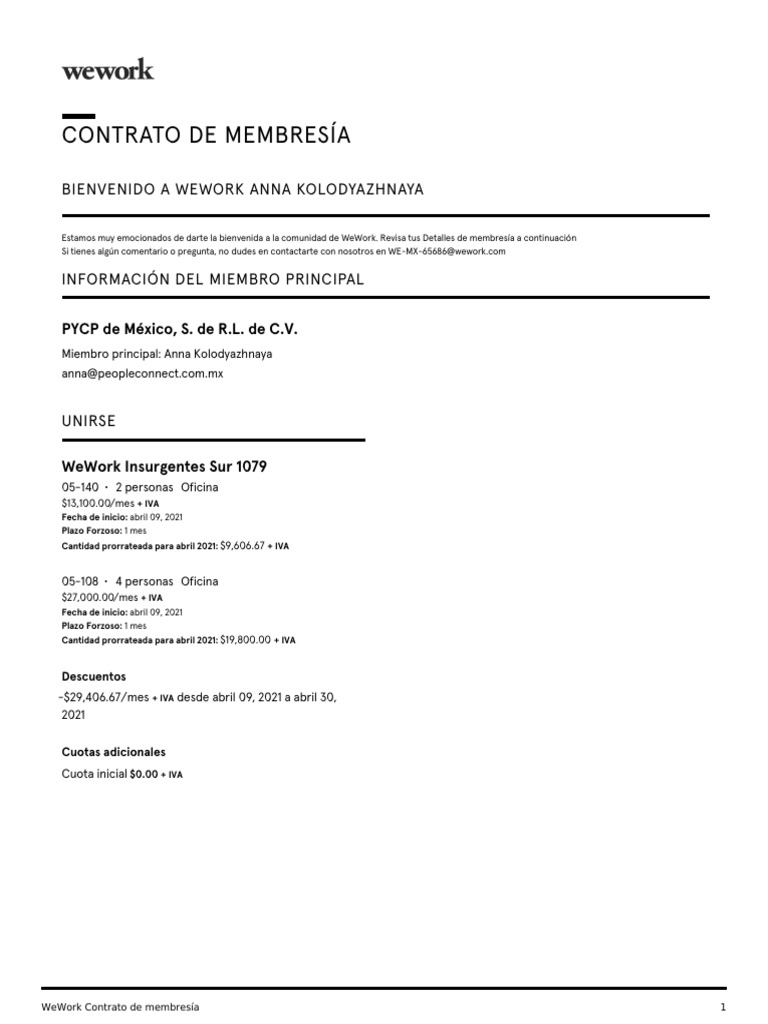 WeWork: Detalles de Membresía y Términos | PDF | Business | Bancos