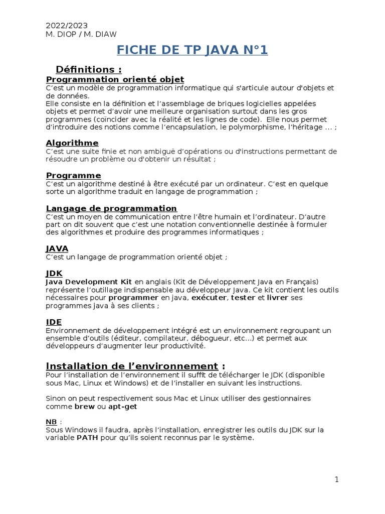 Fiche 1 | PDF | Java (Langage de programmation) | Programmation ...