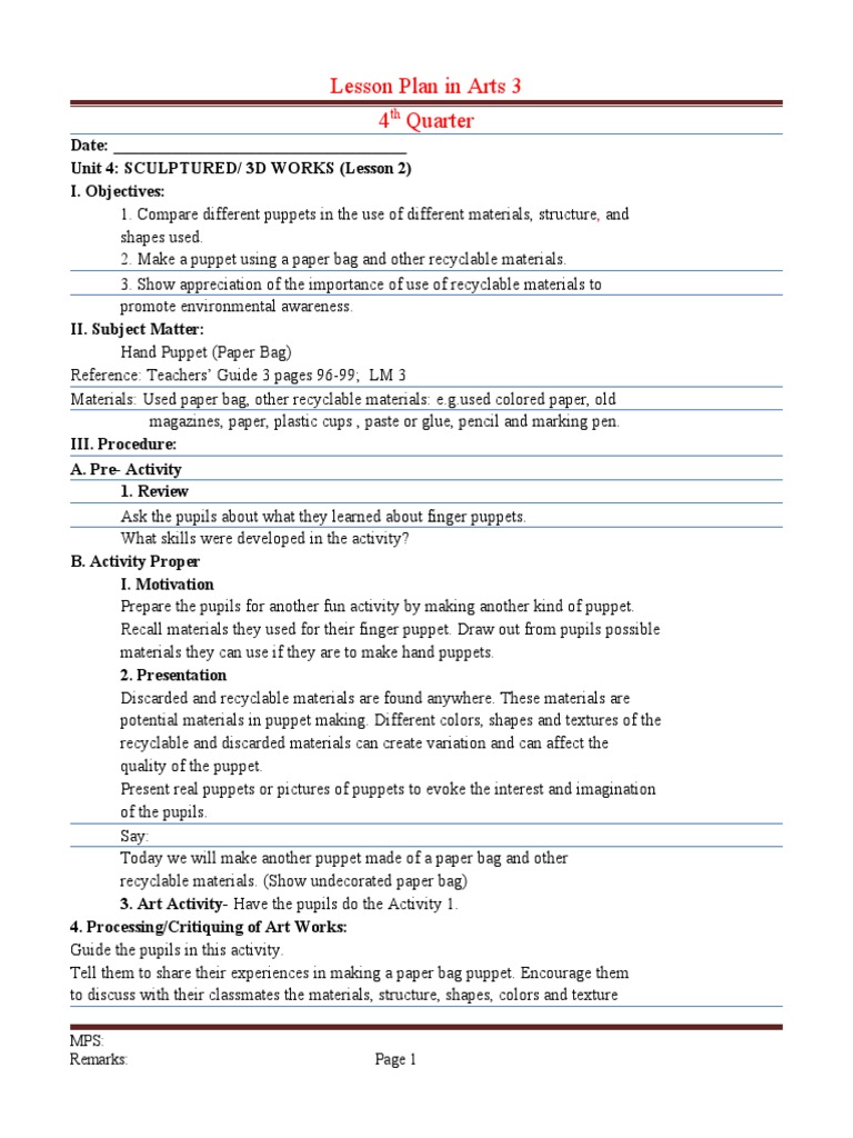 Lesson Plan in Arts 3 4 Quarter: MPS: Remarks | PDF | Puppets | Headgear