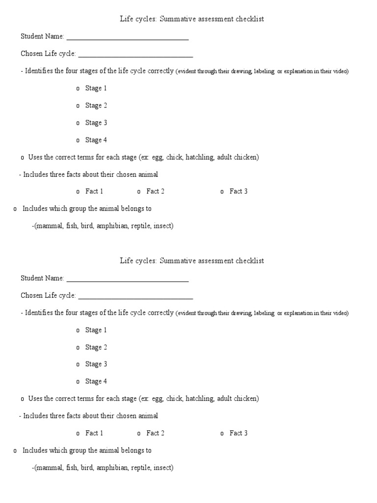 Life Cycles Summative Assessment | PDF