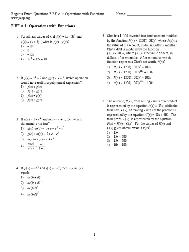 Regents Exam Questions Operations with Functions | PDF | Profit (Economics) | Cost