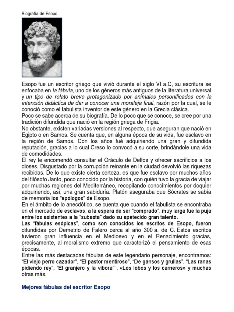 Biografía de Esopo | PDF | Esopo | Fábula