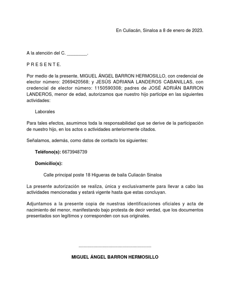 Carta Responsiva para Menores de Edad | PDF