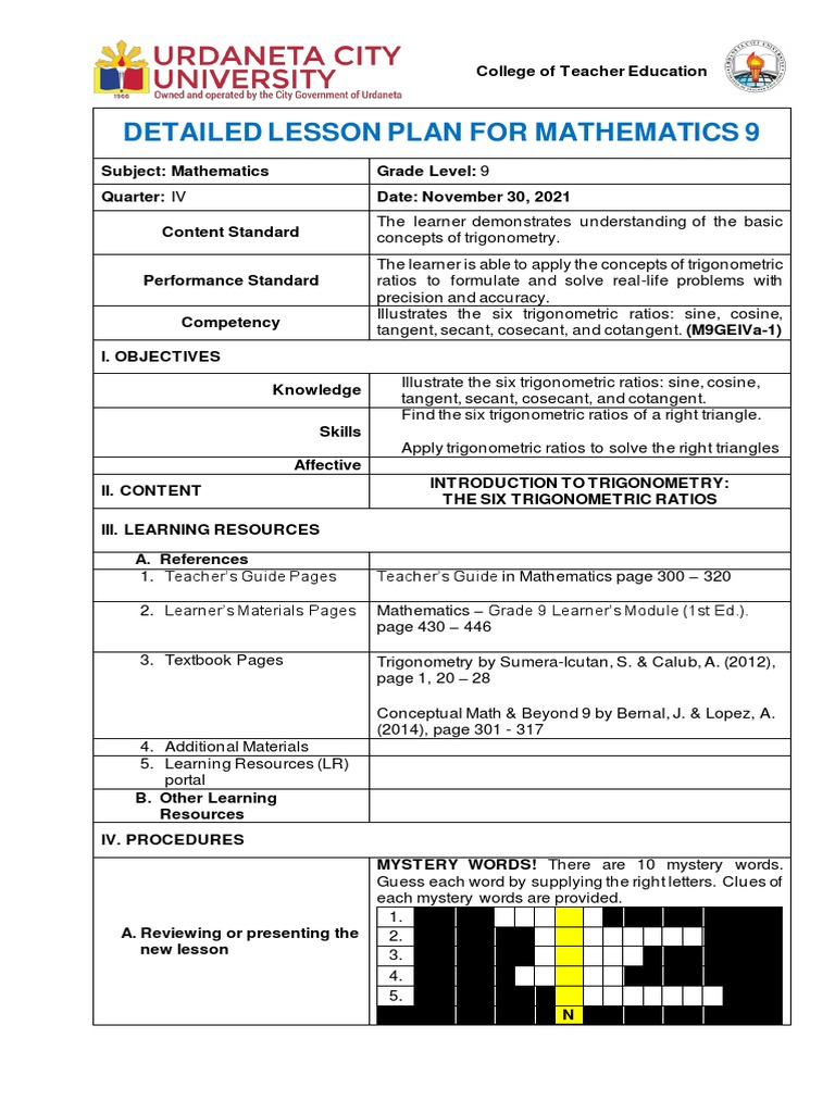 An Introduction To Trigonometric Ratios Detailed Lesson Plan For Teaching Trigonometry In Grade 