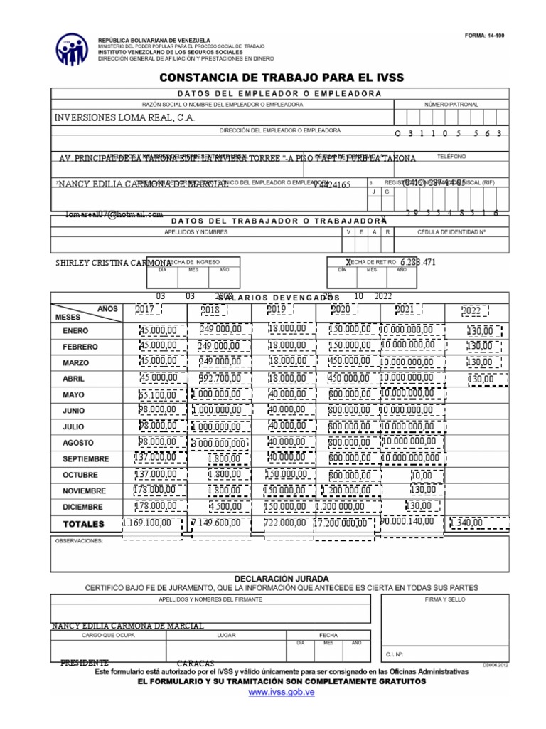 Forma IVSS 14-100 Const de Trabajo SHIRLEY - Docx Corrección 2 | PDF