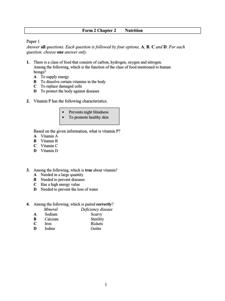1 Form 2 Chapter 2 Nutrition Paper 1 Answer All Questions. Each ... | PDF | Vitamin | Digestion