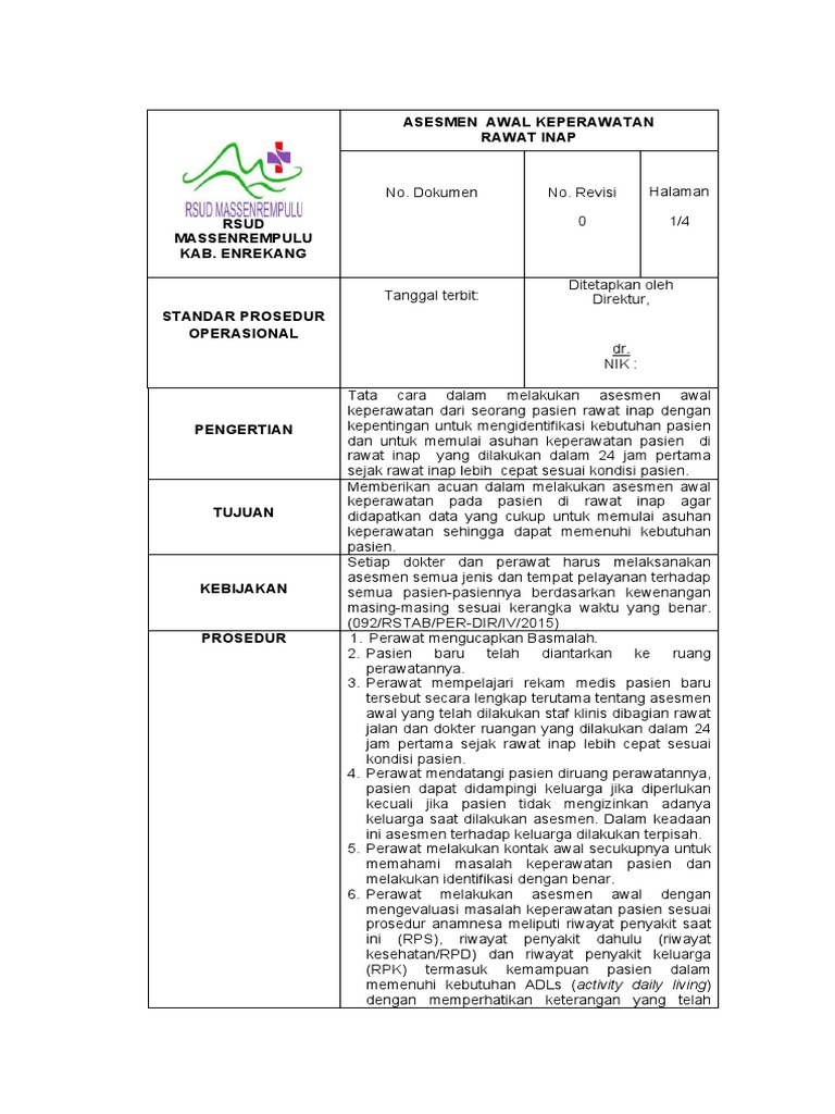 Spo Asesmen Awal Keperawatan Pasien Rawat Inap Fix | PDF
