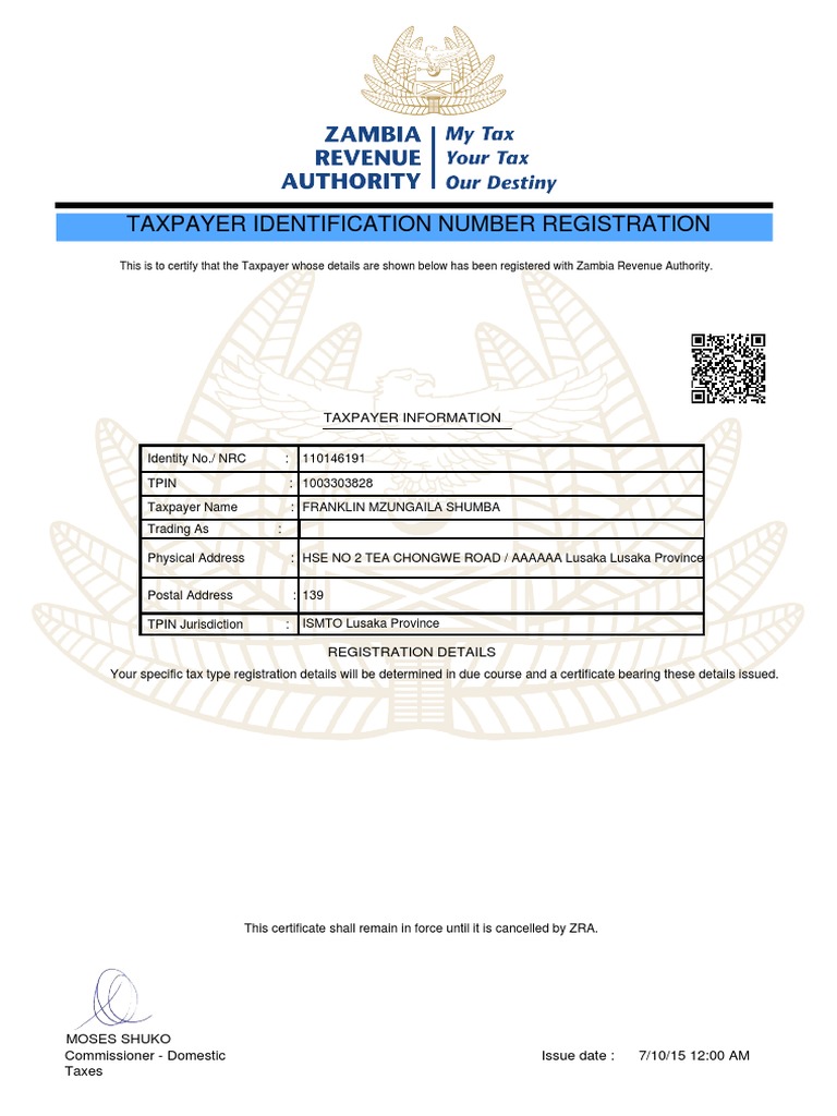 ZRA TPIN Registration Certificate | PDF