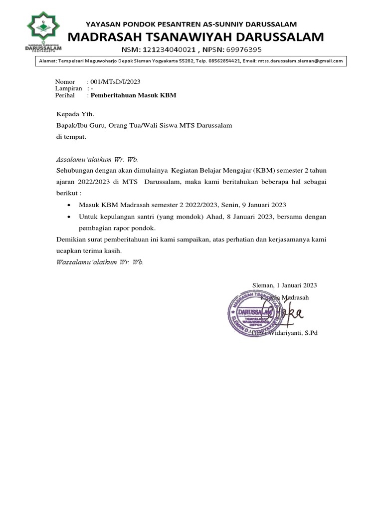 Pemberitahuan Masuk KBM MTS Darussalam | PDF