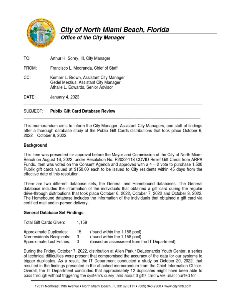 Memo To Commission - Publix Gift Cards Database Review | PDF | Gift Card