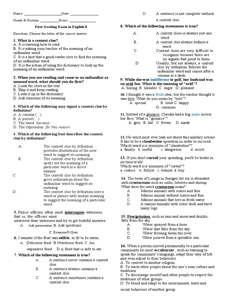 First Quarter Test English 8 REGULAR | PDF | Verb | Noun