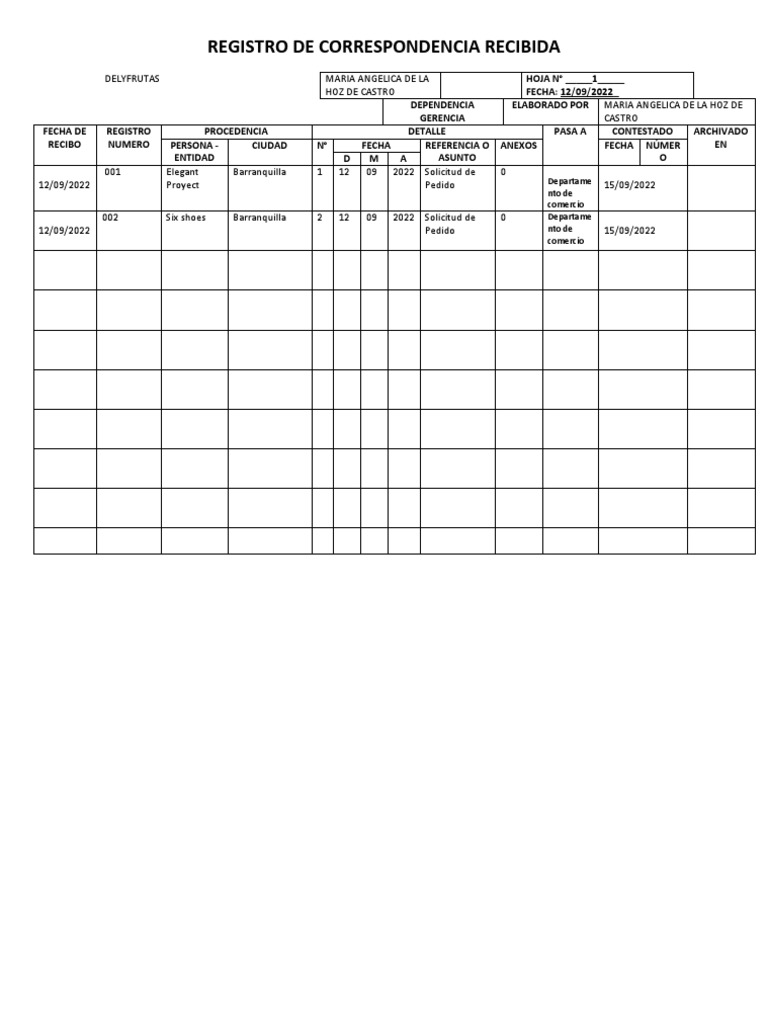 Registro de Correspondencia Recibida | PDF
