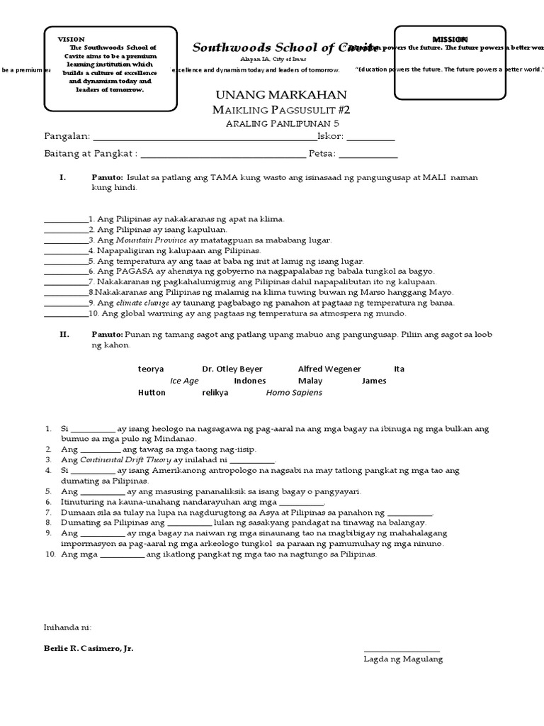 Quiz in Grade 5 AP #2-3 | PDF