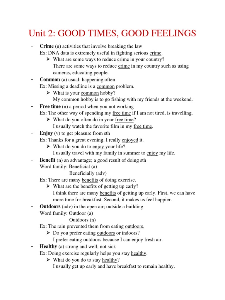 Unit 2 Good Times, Good Feelings - Listening - Vocabulary | PDF ...