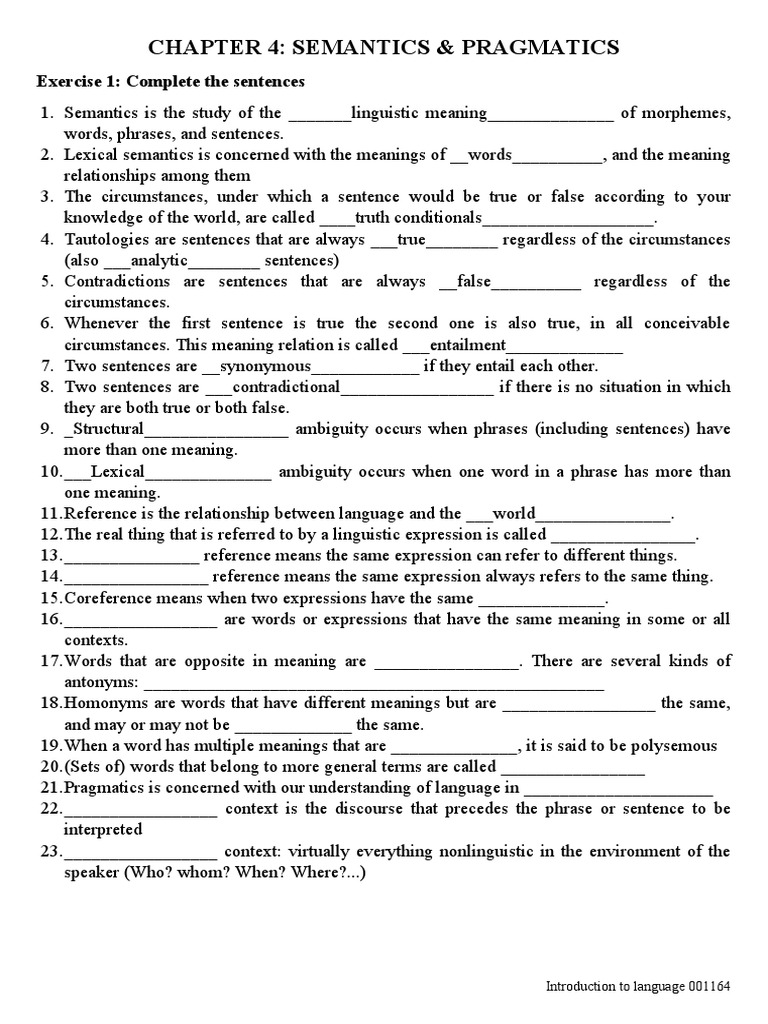 Chapter 4 Semantics (No Key) | PDF | Word | Ambiguity