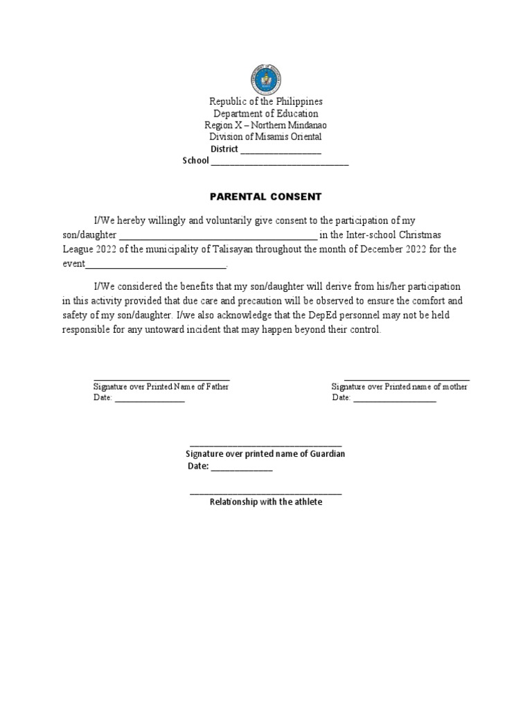 Parental Consent For Athletes | PDF | Finance & Money Management ...