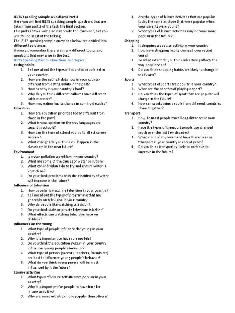 Ielts Speaking Part 3 Sample Questions Pdf International English